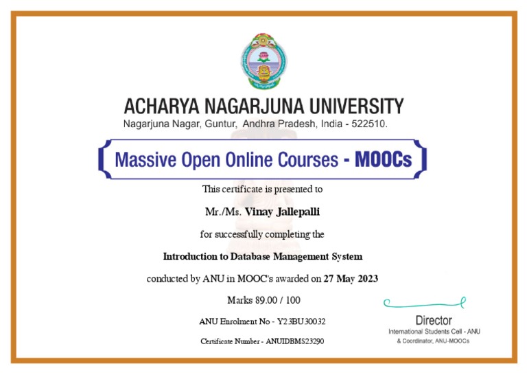 Introduction To Database Management System-Course Completion Certificate 30536 | PDF
