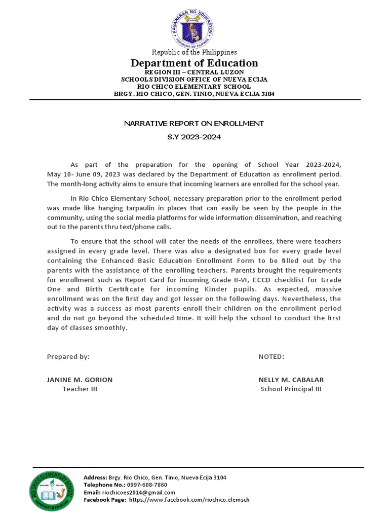 Narrative Report On Enrolment | PDF | Schools | Social Institutions