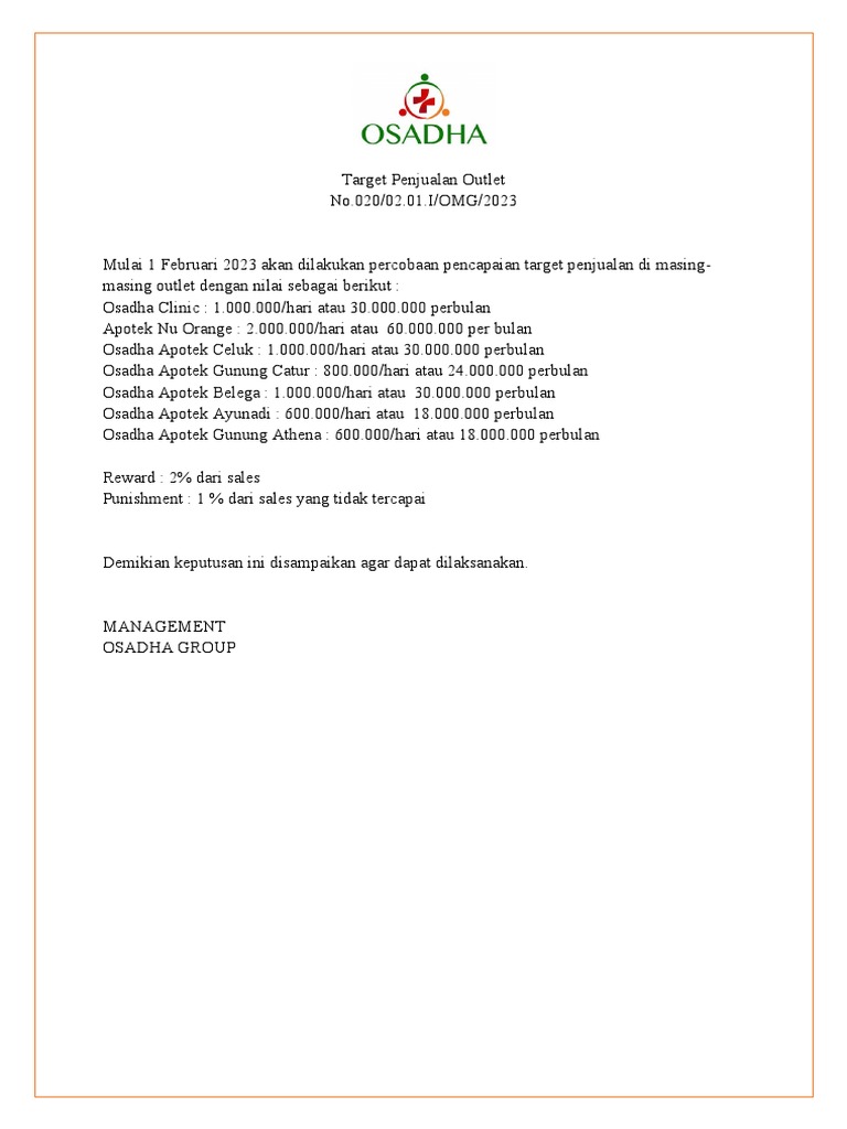 Target Penjualan Outlet Osadha 2023 | PDF