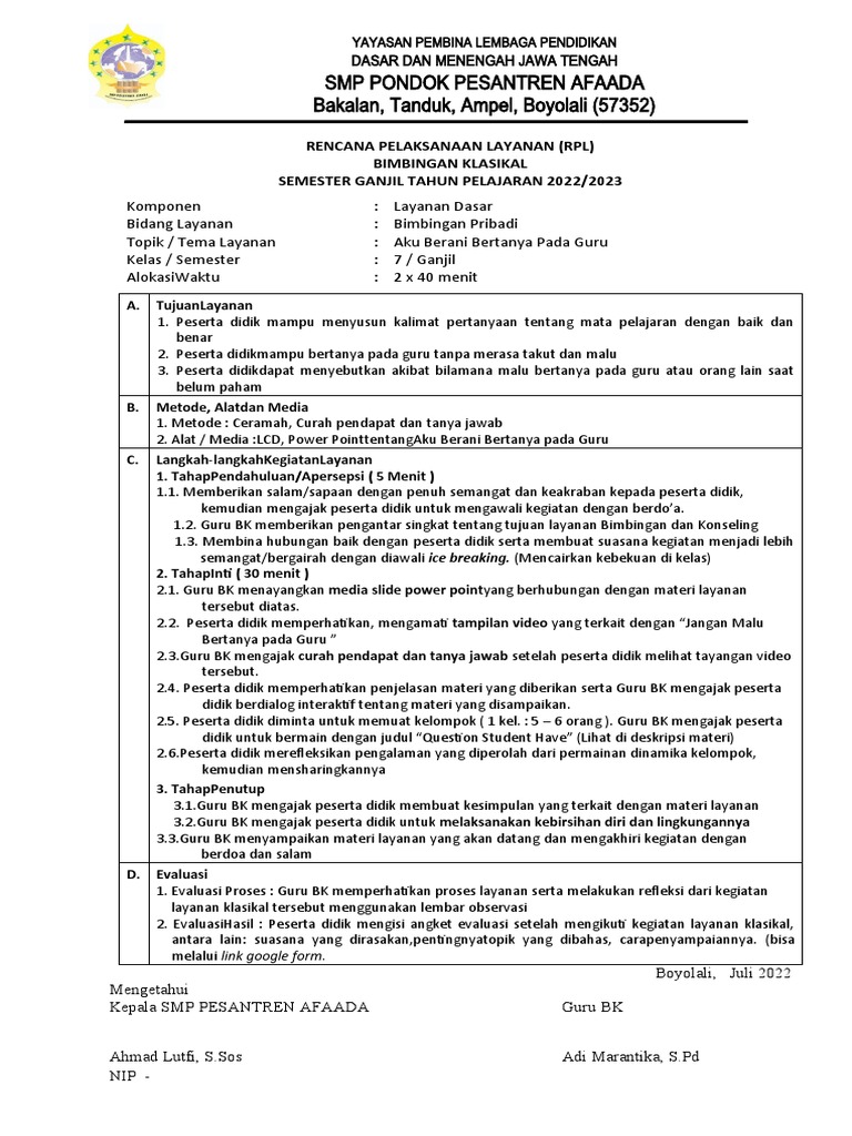 RPL DAN MATERI BK - BERTANYA PADA GURU, SIAPA TAKUT ! Kelas 7 | PDF ...