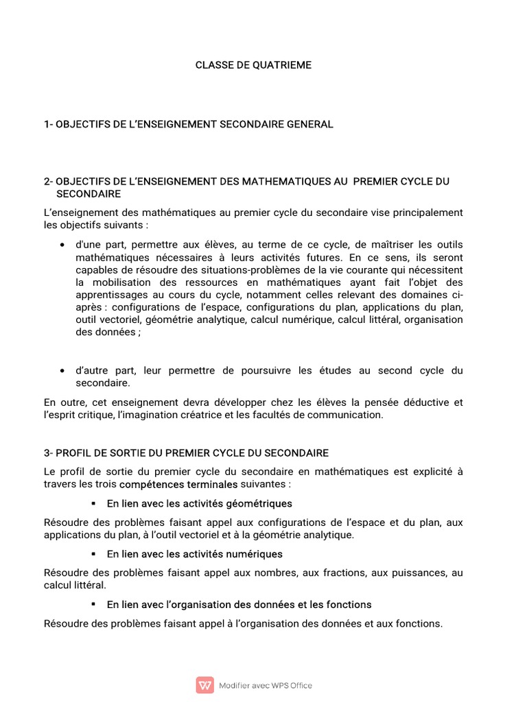 Programme de Mathématiques 4ème | PDF