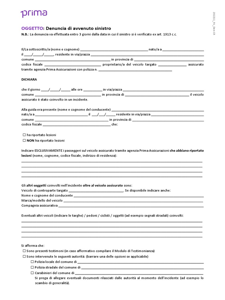 Modulo Denuncia Avvenuto Sinistro | PDF