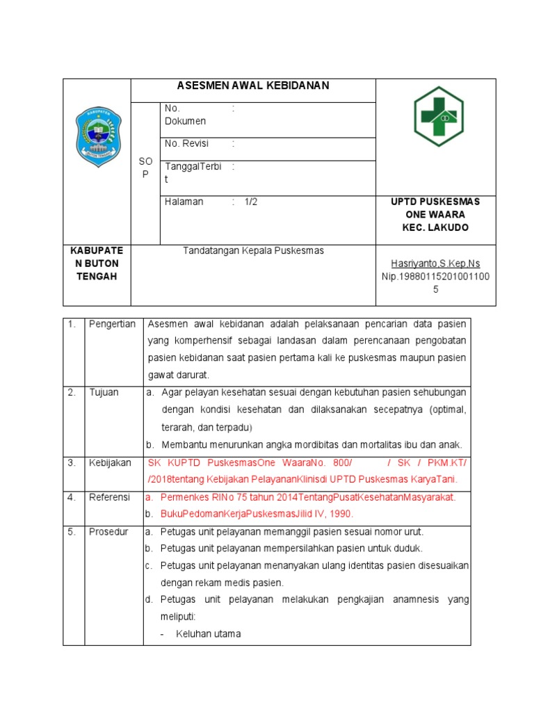Sop Asesmen Awal Kebidanan | PDF