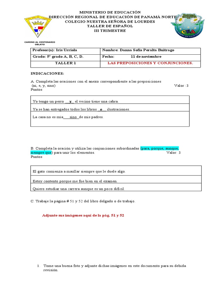 Taller 1 Preposiciones Conjuciones Pdf