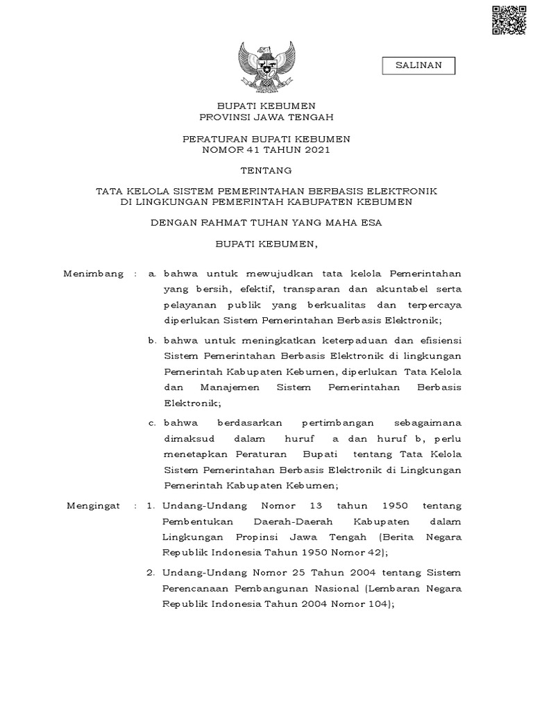 Tata Kelola Sistem Pemerintahan Berbasis Elektronik Di Lingkungan Pemerintah Kabupaten Kebumen | PDF