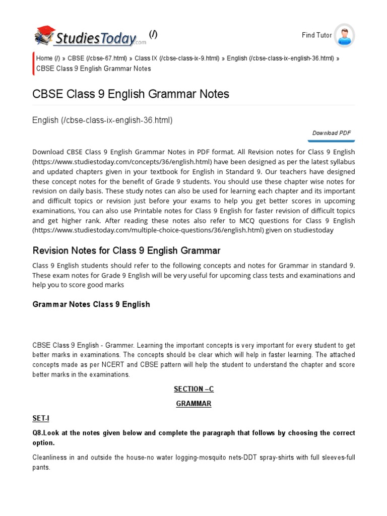 Class 9 Grammar | PDF | Verb | Grammatical Number