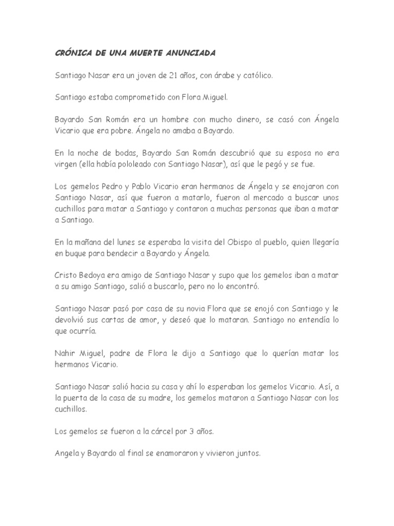 CRÓNICA DE UNA MUERTE ANUNCIADA Resumen | PDF