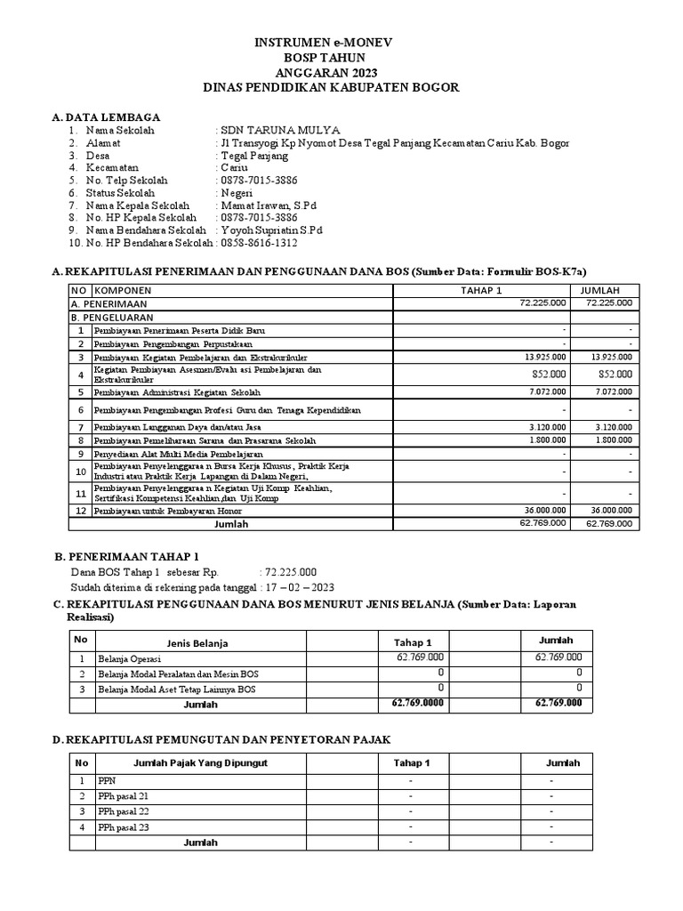 Instrumen Monev 2023 Tahap 1 | PDF