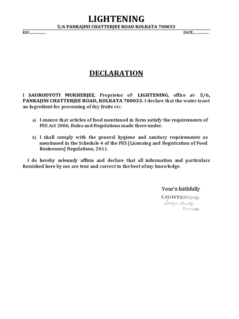 Declaration of Compliance for LIGHTENING | PDF | Cooking, Food & Wine | Law