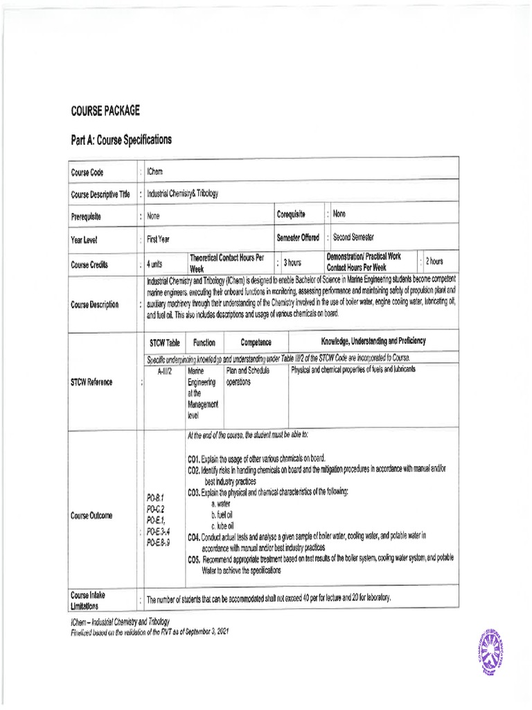 BSMarE - ICHEM (COURSE PACKAGE) | PDF