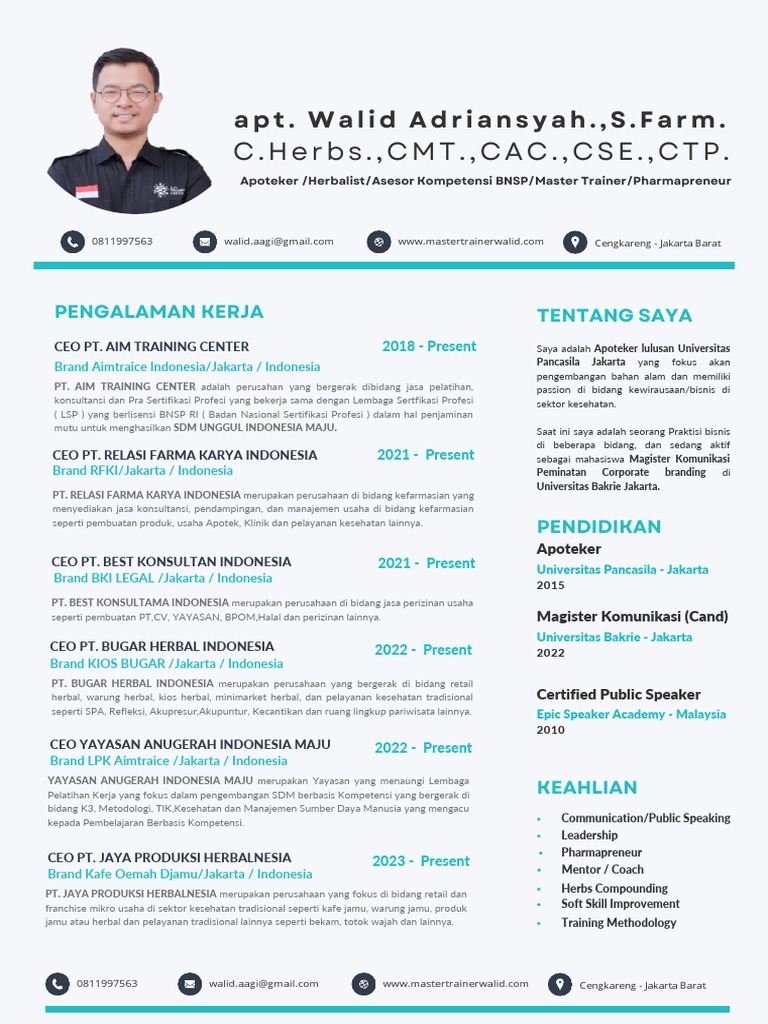 CV-Apt. Walid Adriansyah.,S.farm. | PDF | Karier & Perkembangan | Kesehatan Holistik