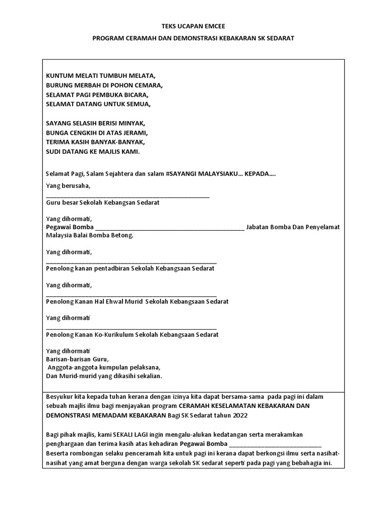 TEKS EMCEE Program Ceramah Dan Demonstrasi Kebakaran | PDF