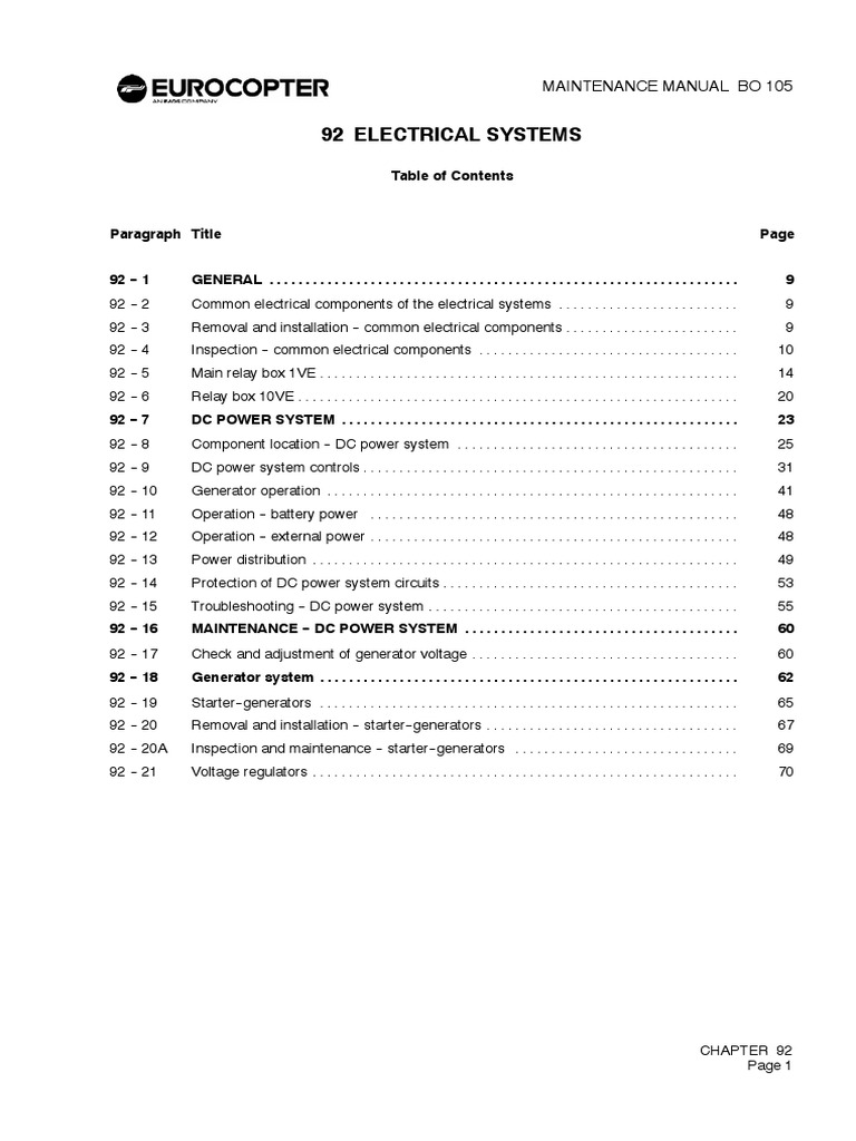 92 Electrical Systems: Maintenance Manual Bo 105 | PDF | Electrical ...