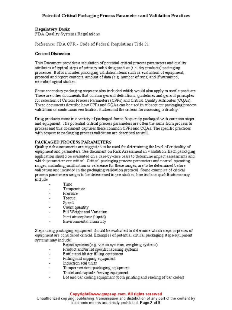 VAL MANUAL 018 Potential Critical Packaging Process Parameters and ...