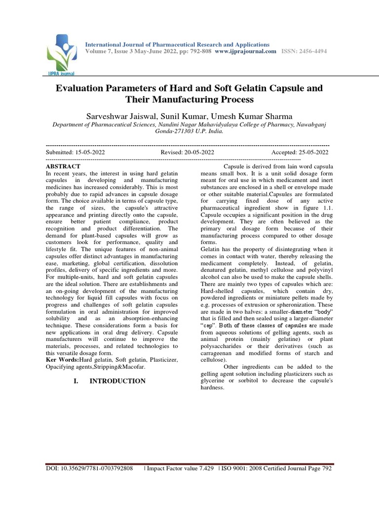 Evaluation Parameters of Hard and Soft Gelatin Capsule and Their Manufacturing Process | PDF ...