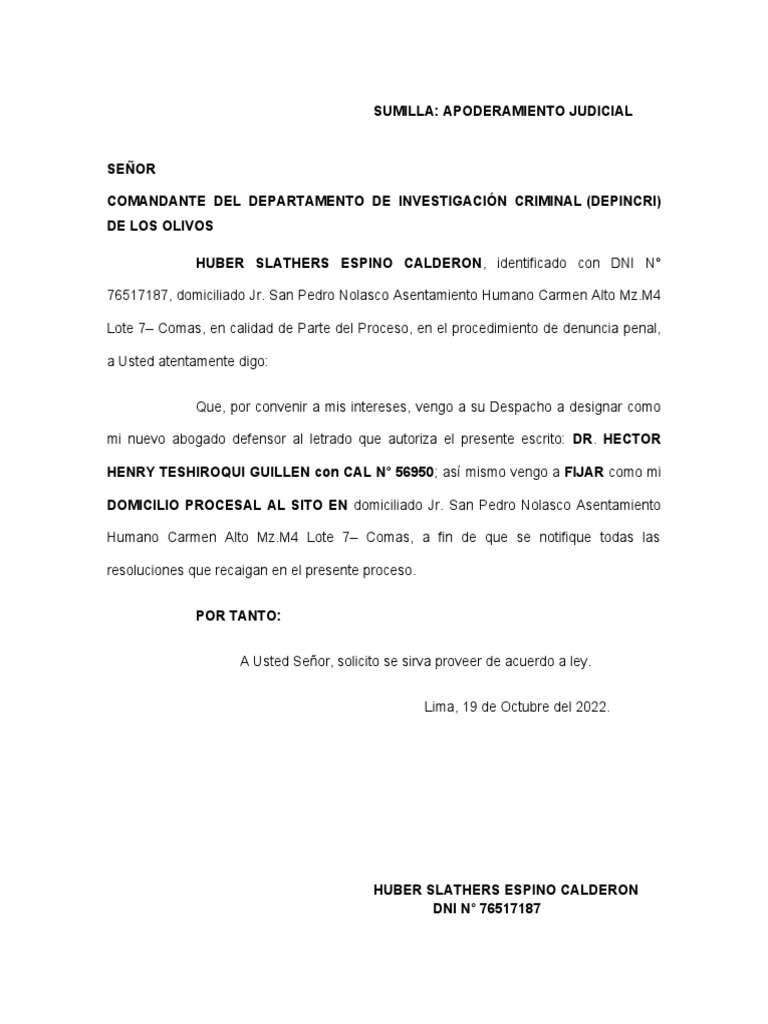 Apersonamiento Huber Slathers Espino Calderon 2022 Depincri | PDF Apersonamiento Huber Slathers Espino Calderon 2022 Depincri | PDF
