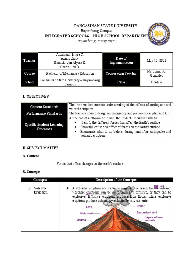 Grade 6 Volcano and Earthquake Lesson Plan | PDF | Volcano | Types Of ...