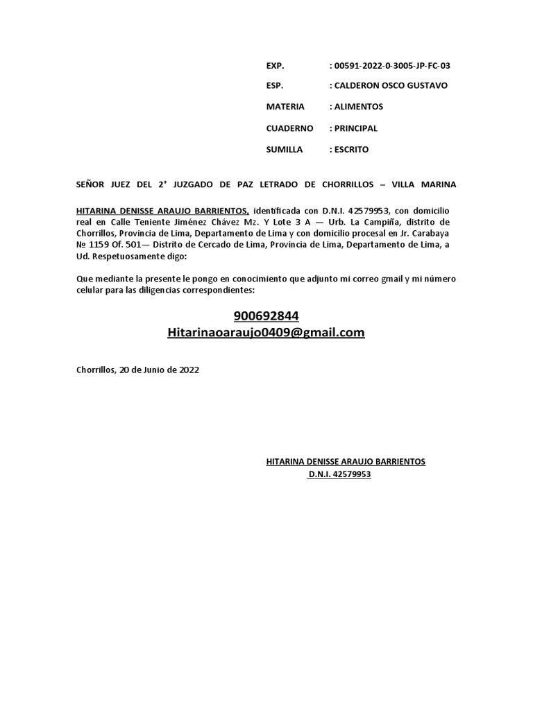 3DO ESCRITO DE HITARINA COMPLETANDO DEMANDA DE ALIMENTOS - Gmail y Celular | PDF