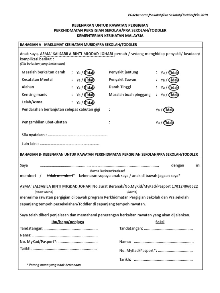 Kebenaran Rawatan Pergigian 170124060622 | PDF