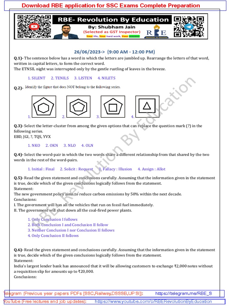 Reasoning SSC CHSL 2022 Tier II Paper I - Rbe | PDF | Teaching Methods ...