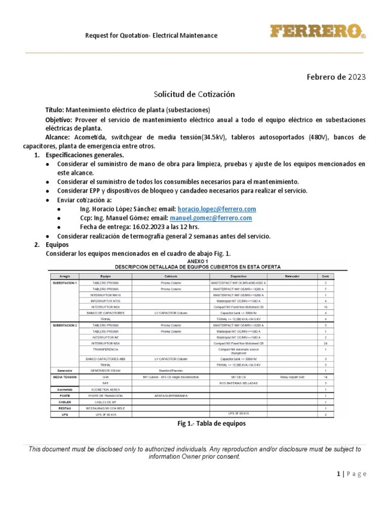 RFQ Mantto Electrico 2023 Rev1 | PDF | Transformador | Aislador (Electricidad)