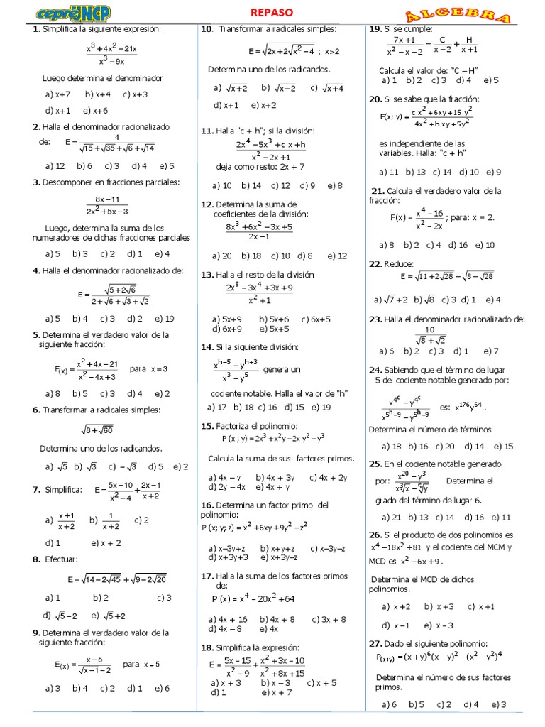 Cepre Uncp Repaso Algebra | PDF | Matemáticas | Álgebra abstracta