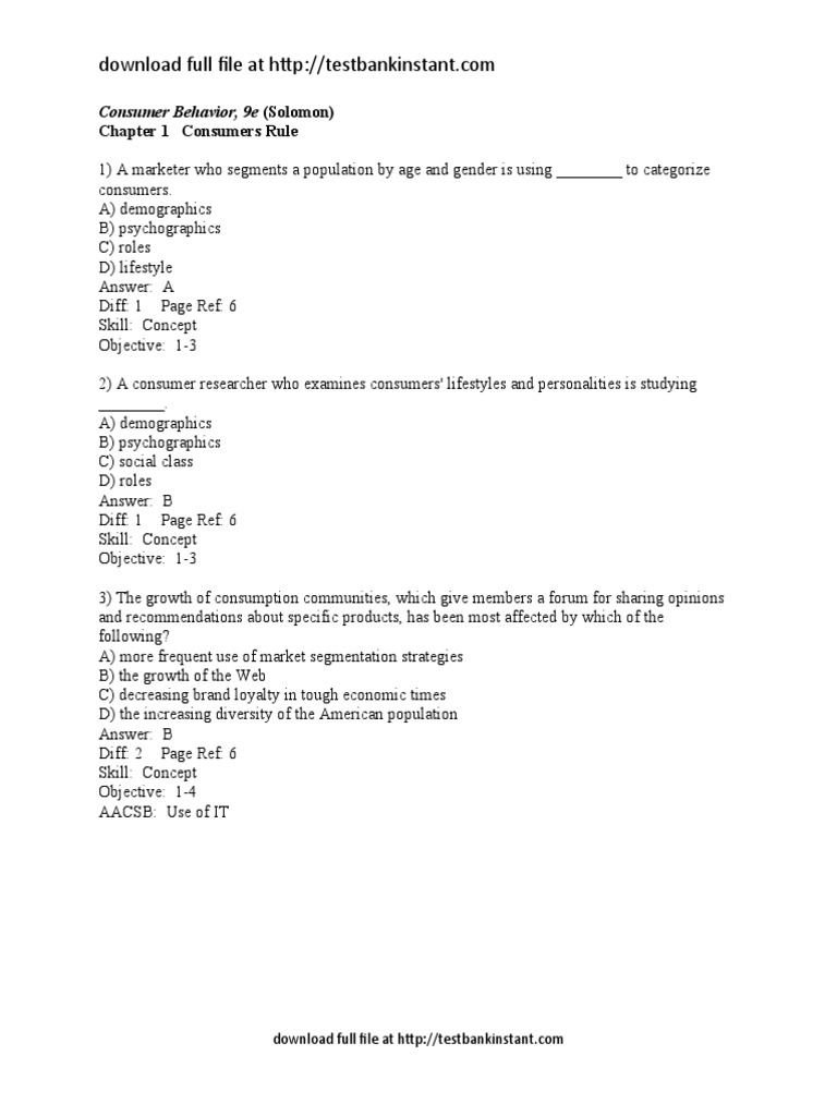 Test Bank For Consumer Behavior 9th Edition by Solomon | PDF ...