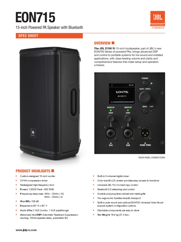 JBL Eon715 Spec Sheet | PDF | Loudspeaker | Sound Technology
