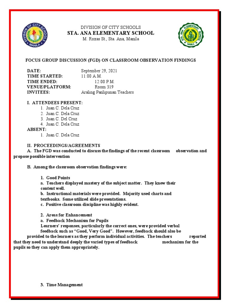 Sample FGD Minutes | PDF | Teachers | Mentorship