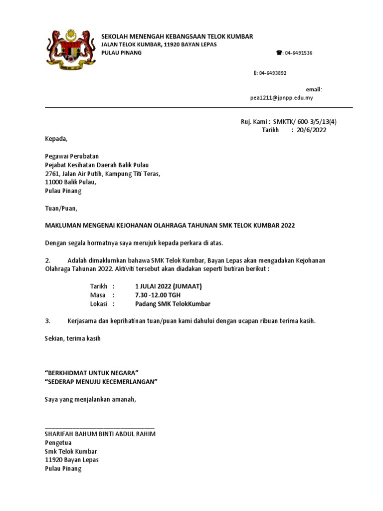 Surat Perasmi KOT22, Surat Makluman Hospital | PDF