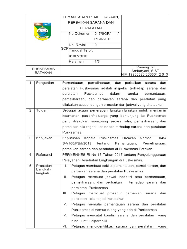 8.5.1.4 SOP Pemantauan Pemeliharaan Perbaikan Sarana (ST 2k21) | PDF