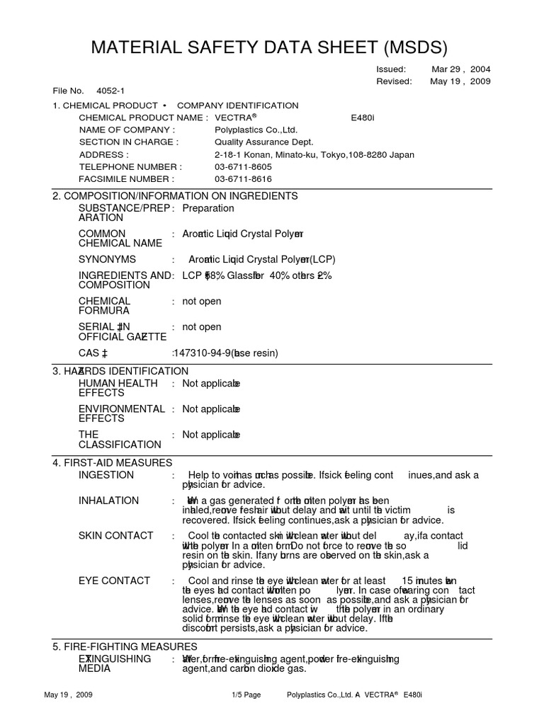 Material Safety Data Sheet (Msds) : 1/5 Page Polyplastics Co.,Ltd. 、 VECTRA E480i May 19, 2009 ...