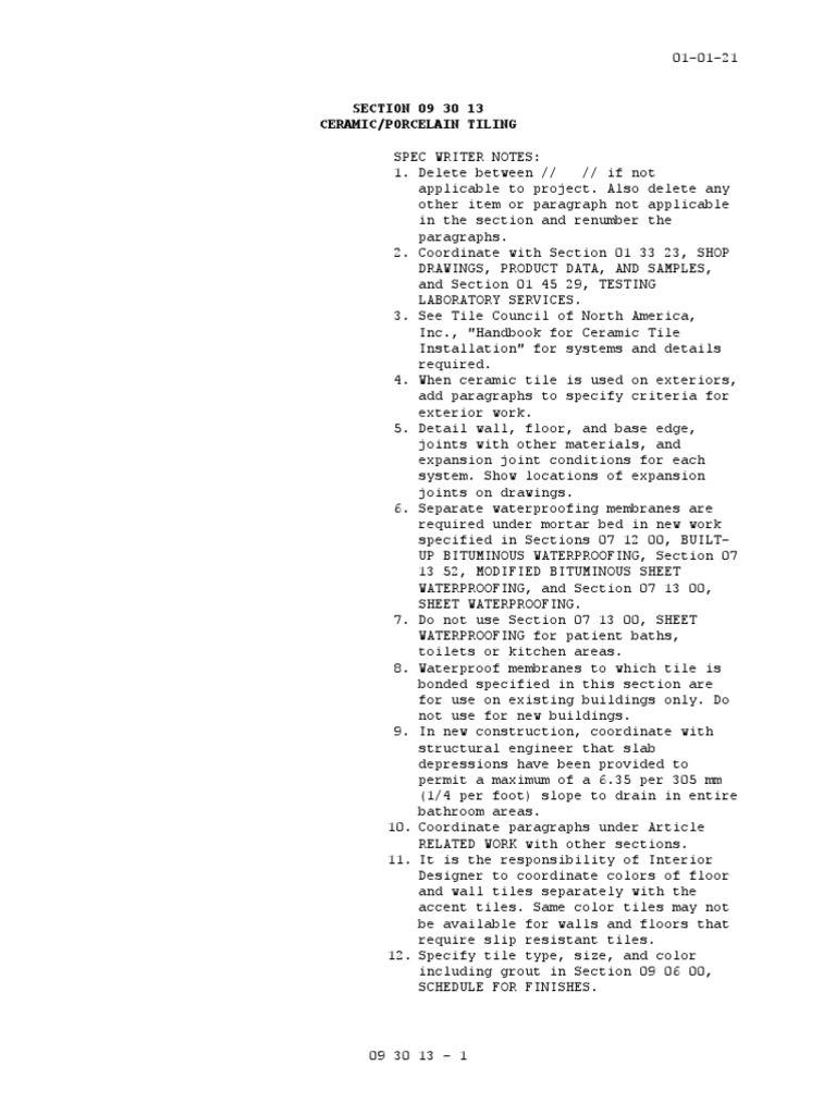 SECTION 09 30 13 Ceramic/Porcelain Tiling | PDF | Tile | Flooring