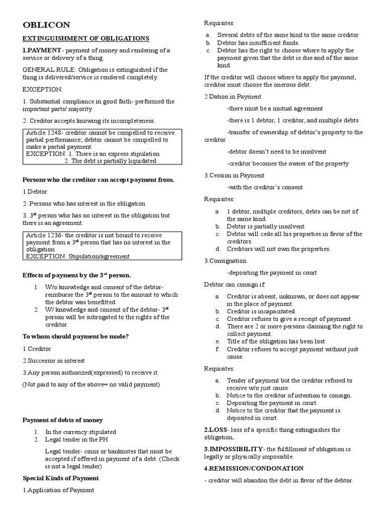 OBLICON Reviewer | PDF | Payments | Offer And Acceptance
