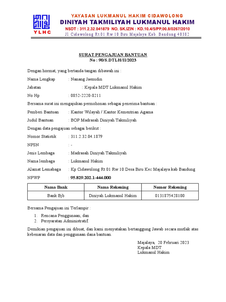 Surat Pengajuan Bantuan Simba | PDF