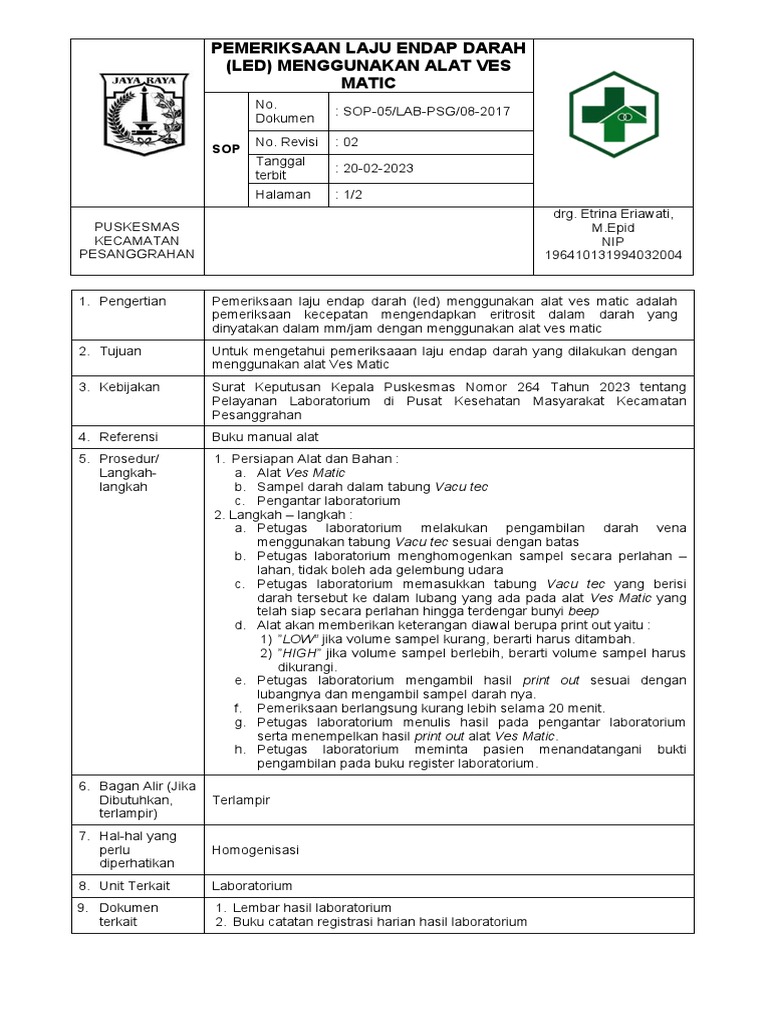 05 Sop Pemeriksaan Laju Endap Darah (Led) Menggunakan Alat Ves Matic | PDF 05 Sop Pemeriksaan Laju Endap Darah (Led) Menggunakan Alat Ves Matic | PDF