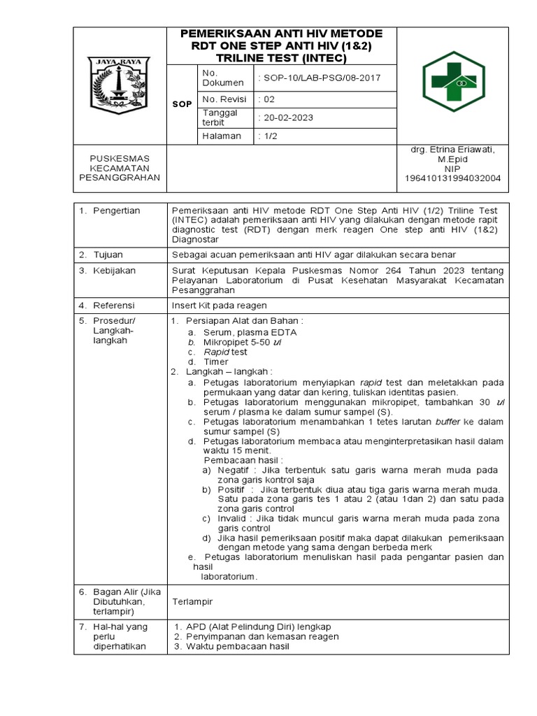SOP Pemeriksaan RDT HIV One Step | PDF