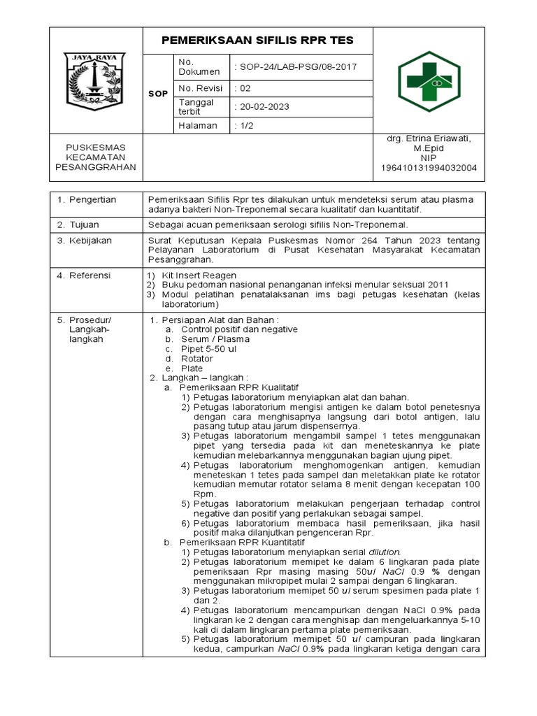 024 Sop Pemeriksaan Sifilis RPR Tes | PDF