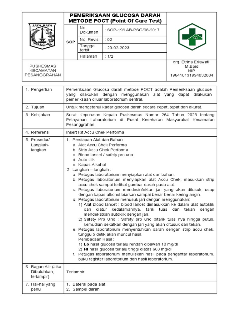 019 SOP PEMERIKSAAN GLUCOSA DARAH METODE POCT (Point of Care Test) | PDF