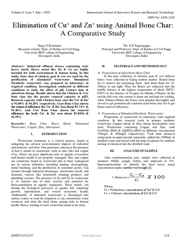 Elimination of Cu+ and ZN+ Using Animal Bone Char: A Comparative Study ...
