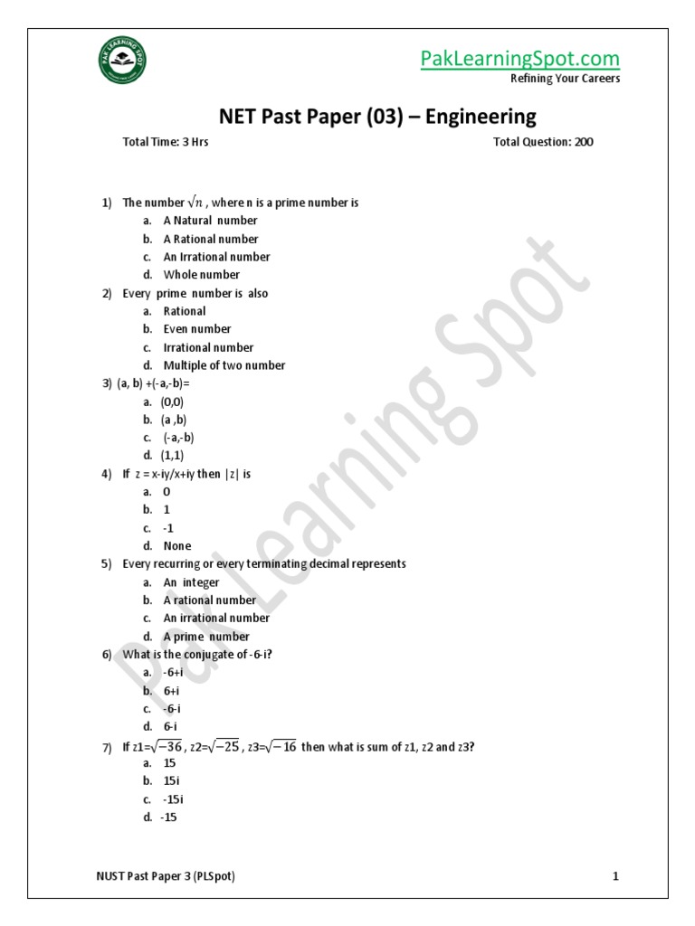 NET Past Paper 3 Plspot | PDF | Angle | Numbers