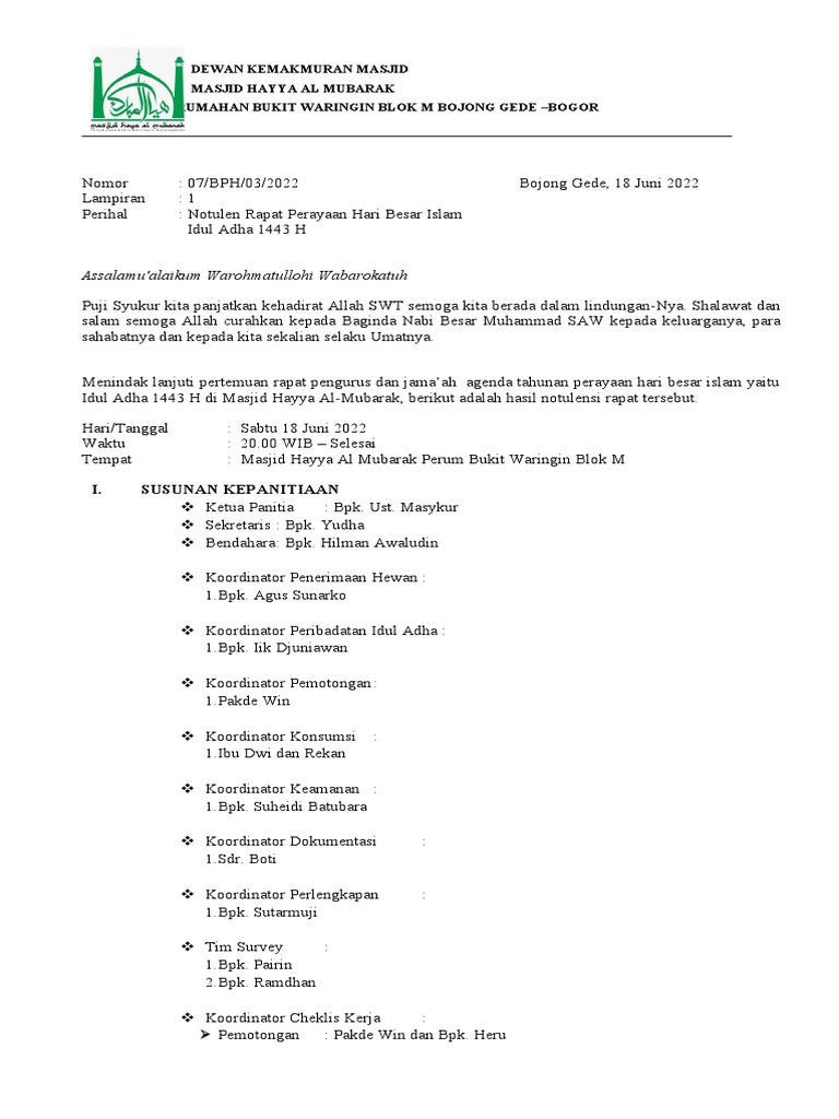 Notulen Rapat Idul Adha 1443H | PDF
