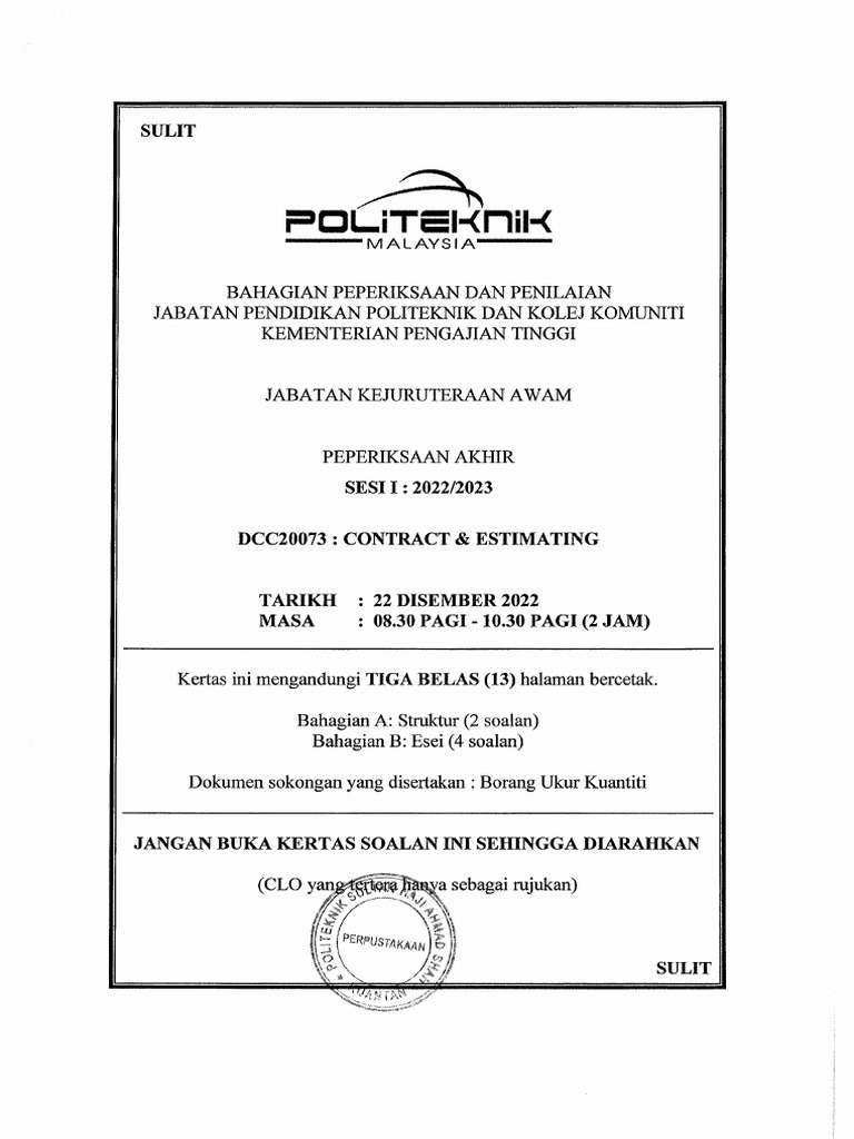 Dcc20073 Contract and Estimating Sesi 1 2022 2023 | PDF