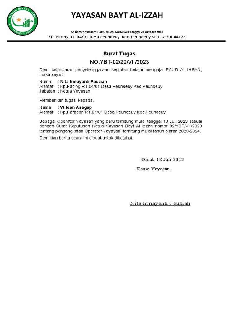 Surat Tugas Operator Yayasan | PDF