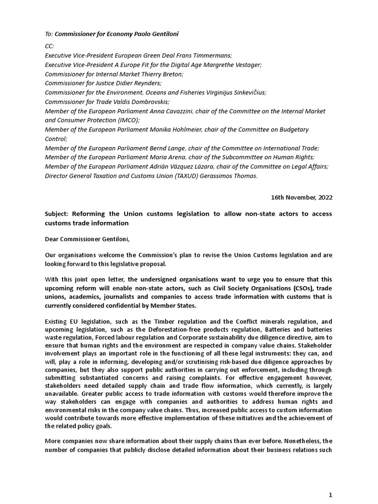 2022 Nov Letter Access To Customs Trade Information - Open CSO Letter | PDF | Supply Chain | Customs