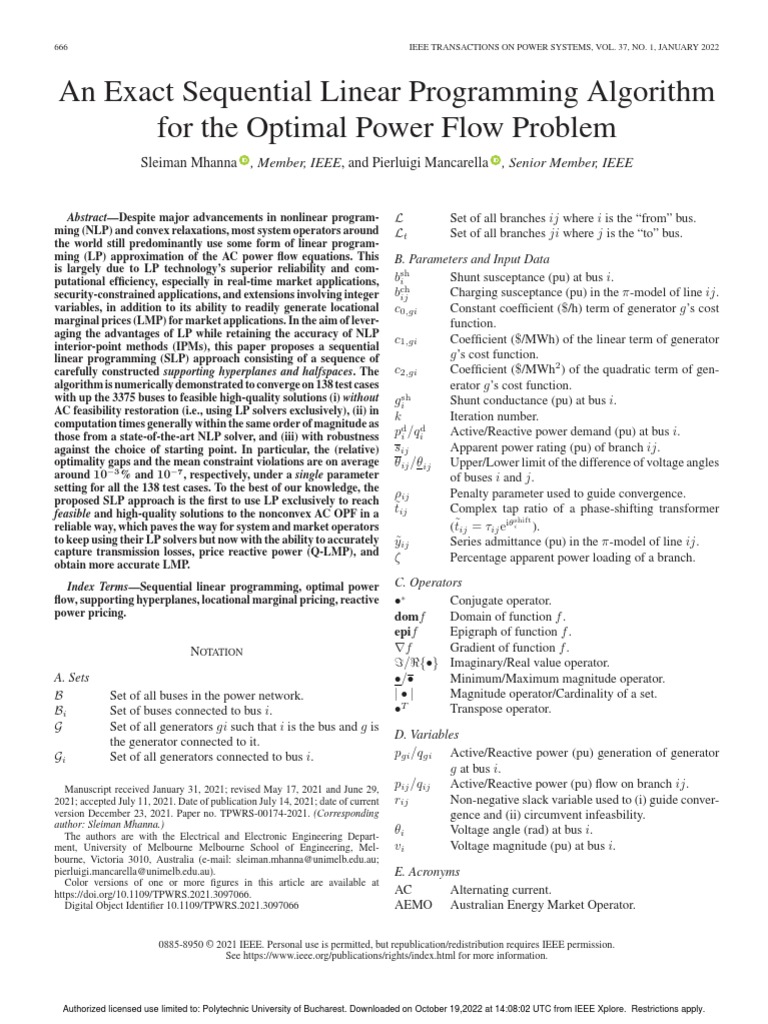 An Exact Sequential Linear Programming Algorithm For The Optimal Power Flow Problem Pdf