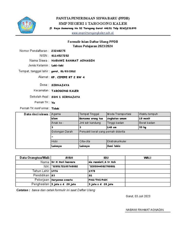PPDB 2324 SMPN 1 Tarogong Kaler - Formulir Daftar Ulang | PDF