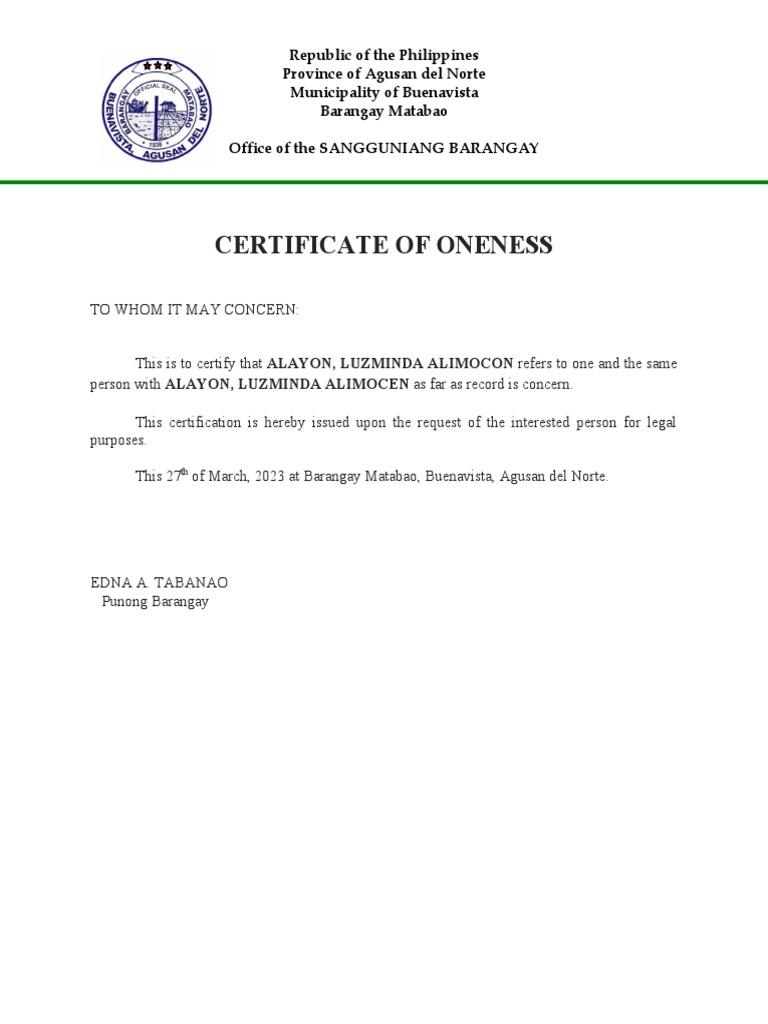 Certification of Oneness | PDF