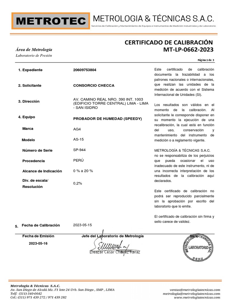 Certificado de Calibracion - Humedometro Tipo Speedy | PDF ...