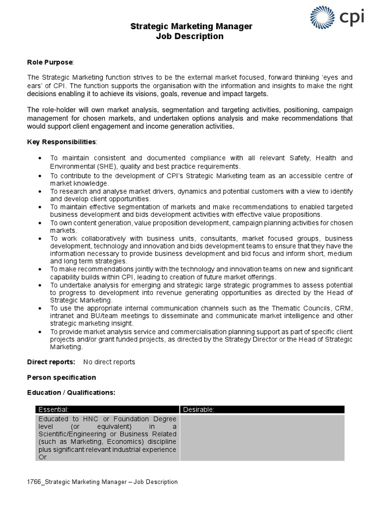 1766 Strategic Marketing Manager Job Description May 2021 | PDF ...